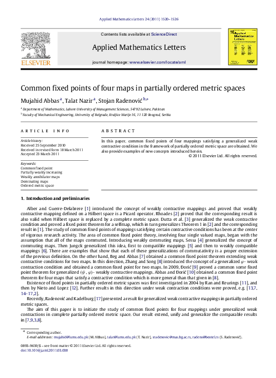 (PDF) Common fixed points of four maps in partially ordered metric spaces