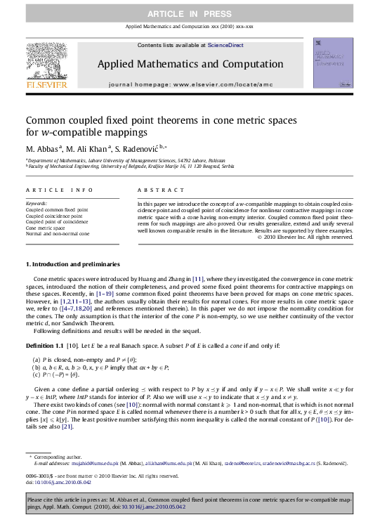 Pdf Common Coupled Fixed Point Theorems In Cone Metric Spaces For W Compatible Mappings