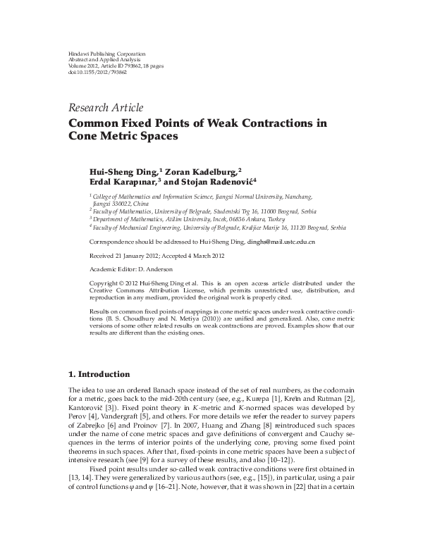 Pdf Common Fixed Points Of Weak Contractions In Cone Metric Spaces