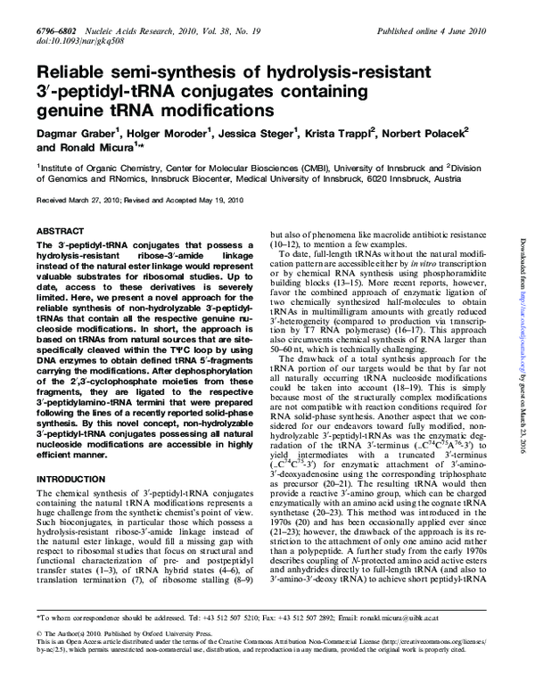(PDF) Reliable semi-synthesis of hydrolysis-resistant 3'-peptidyl-tRNA ...