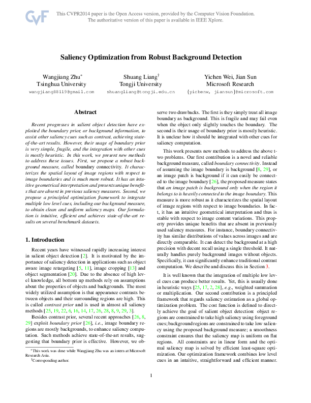 Pdf Saliency Optimization From Robust Background Detection