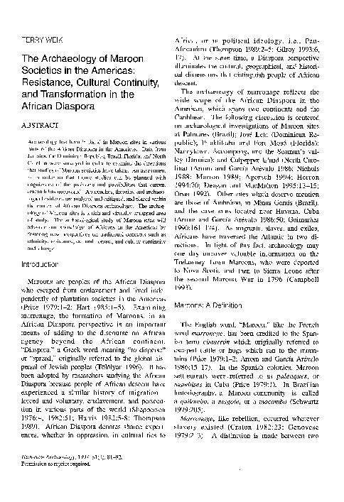 (PDF) The archaeology of maroon societies in the Americas: resistance ...