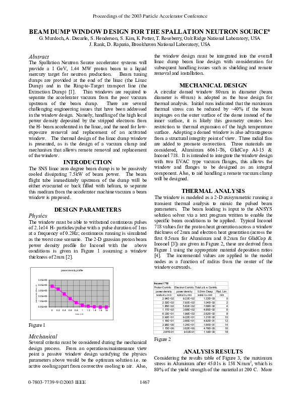 (PDF) Beam dump window design for the spallation neutron source