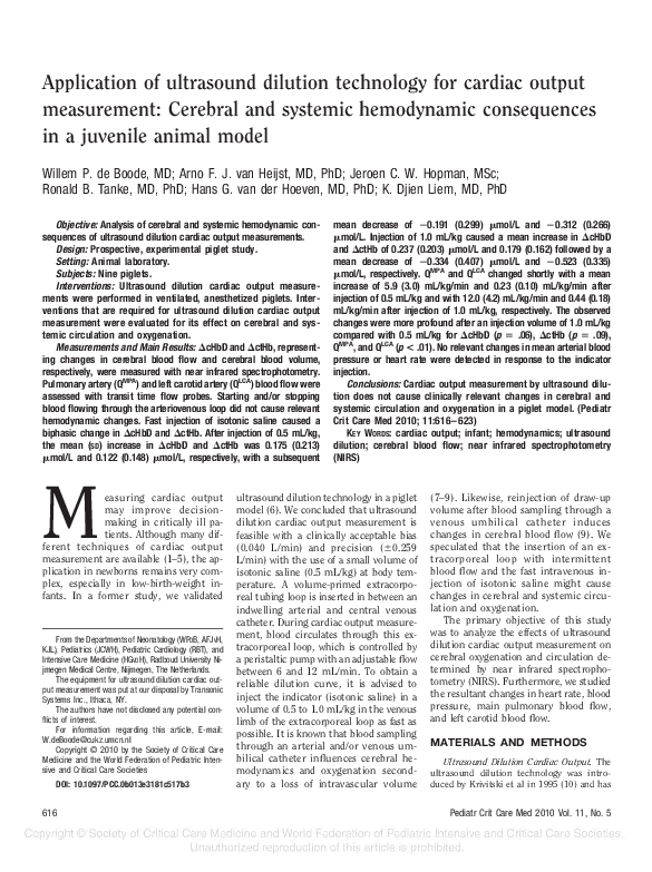 Pdf Application Of Ultrasound Dilution Technology For Cardiac Output Measurement Cerebral And