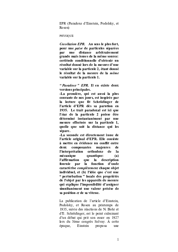(PDF) Article "EPR (Paradoxe d'Einstein, Podolsky, et Rosen)"