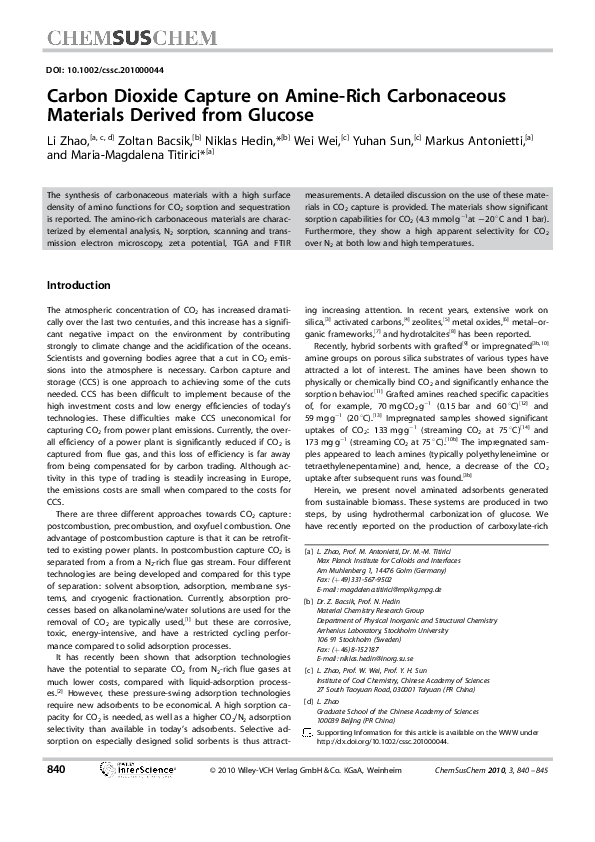 (PDF) Carbon Dioxide Capture on Amine-Rich Carbonaceous Materials Derived from Glucose