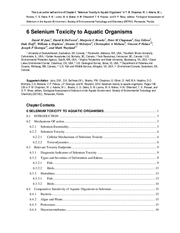 (PDF) Selenium Toxicity to Aquatic Organisms