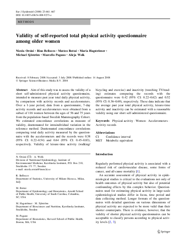 (PDF) Validity of self-reported total physical activity questionnaire ...