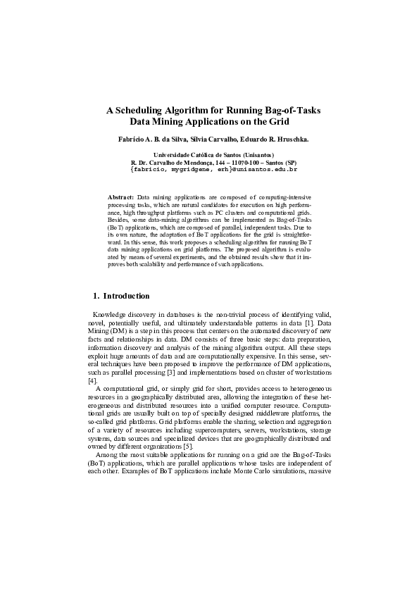 Pdf A Scheduling Algorithm For Running Bag Of Tasks Data Mining Applications On The Grid