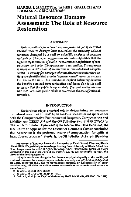 (PDF) Natural resource damage assessment: the role of resource restoration