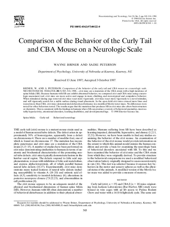 (PDF) Comparison of the Behavior of the Curly Tail and CBA Mouse on a ...