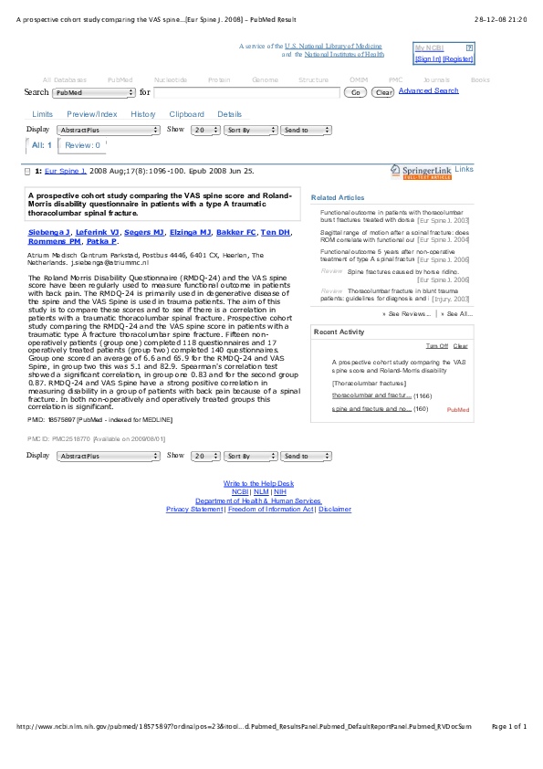 (PDF) A prospective cohort study comparing the VAS spine score and ...