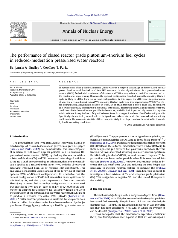(PDF) The performance of closed reactor grade plutonium–thorium fuel ...