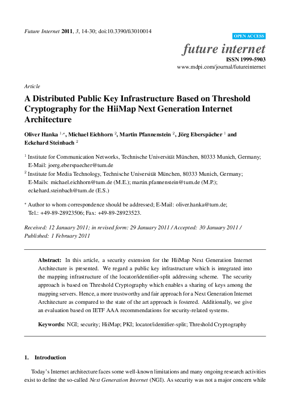 Pdf A Distributed Public Key Infrastructure Based On Threshold Cryptography For The Hiimap