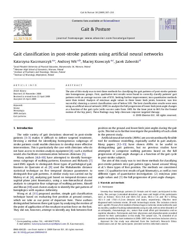 Pdf Gait Classification In Post Stroke Patients Using Artificial Neural Networks