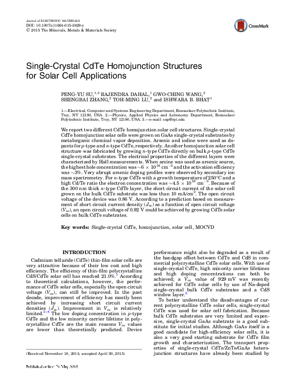 (PDF) Single-Crystal CdTe Homojunction Structures for Solar Cell ...