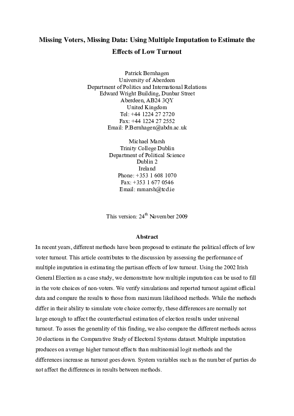 Pdf Missing Voters Missing Data Using Multiple Imputation To Estimate The Effects Of Low Turnout