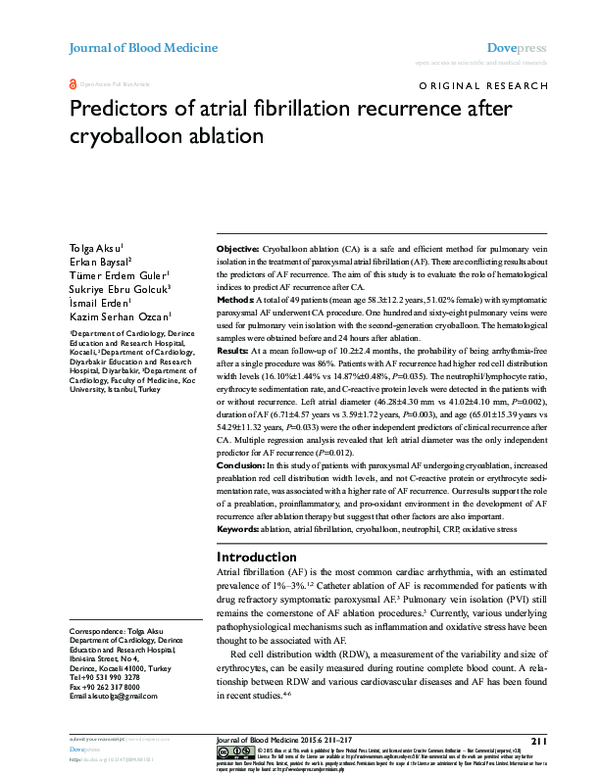 (PDF) Predictors of atrial fibrillation recurrence after cryoballoon ablation