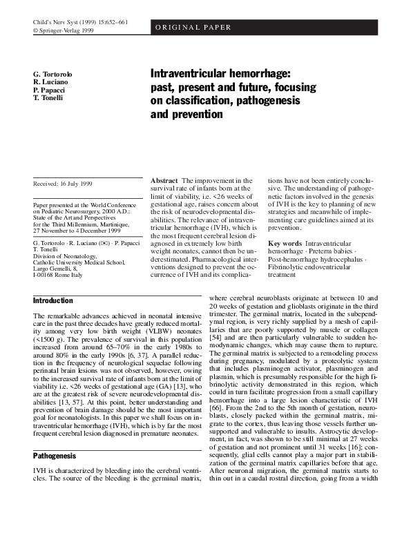 (PDF) Intraventricular hemorrhage: past, present and future, focusing ...