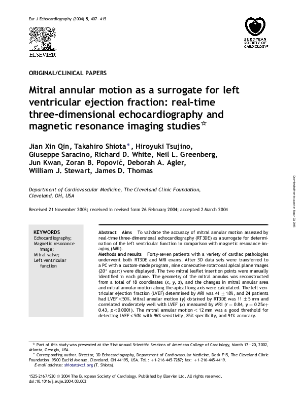 (PDF) Mitral annular motion as a surrogate for left ventricular ...