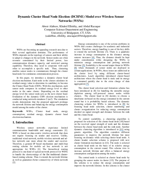 Pdf Dynamic Cluster Head Node Election Dchne Model Over Wireless Sensor Networks Wsns