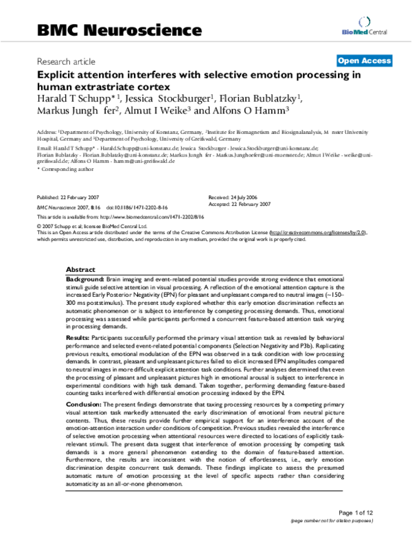 Pdf Explicit Attention Interferes With Selective Emotion Processing In Human Extrastriate Cortex
