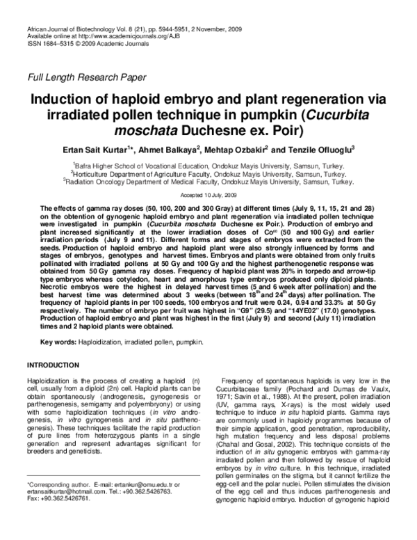 (PDF) Induction of haploid embryo and plant regeneration via irradiated pollen technique in ...
