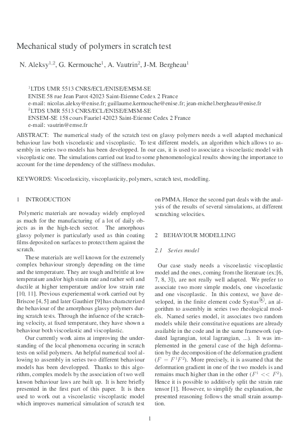 (PDF) Mechanical study of polymers in scratch test