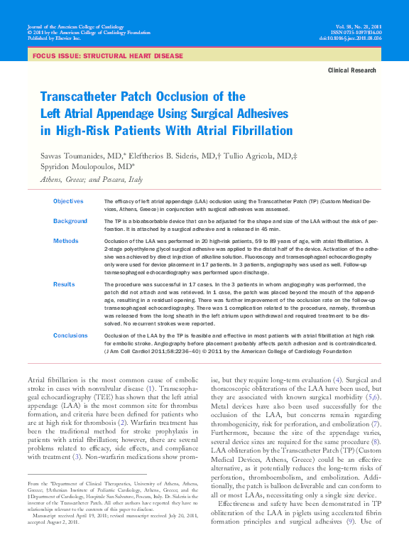 (PDF) Transcatheter Patch Occlusion of the Left Atrial Appendage Using ...