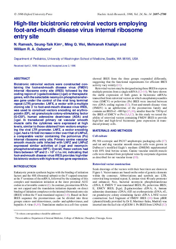 (PDF) High-Riter Bicistronic Retroviral Vectors Employing Foot-and ...