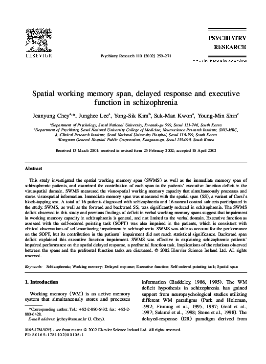 Pdf Spatial Working Memory Span Delayed Response And Executive Function In Schizophrenia