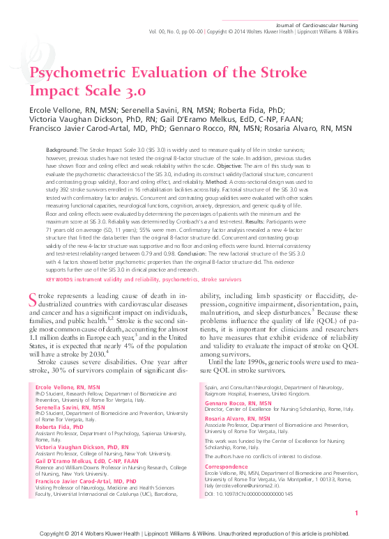 (PDF) Psychometric Evaluation of the Stroke Impact Scale 3.0