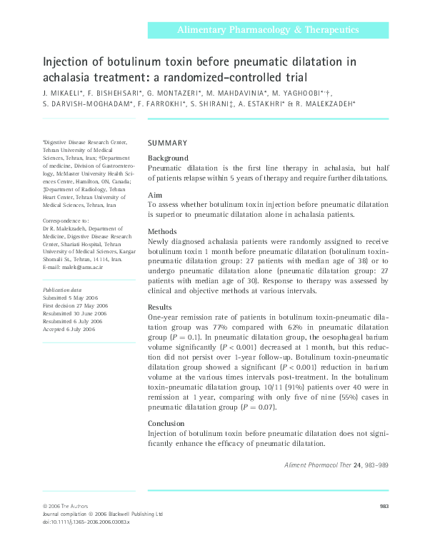 (PDF) Injection of botulinum toxin before pneumatic dilatation in ...