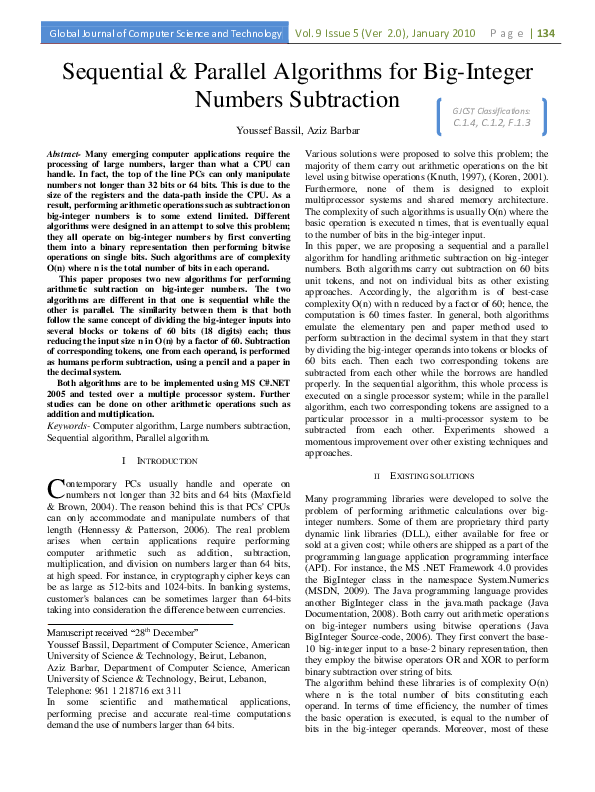 Pdf Sequential And Parallel Algorithms For Big Integer Numbers Subtraction