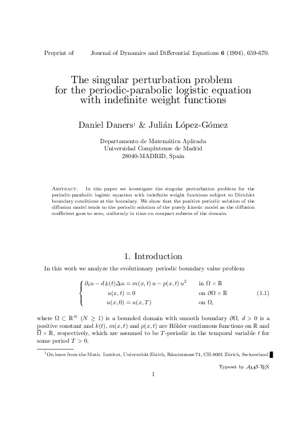 Pdf The Singular Perturbation Problem For The Periodic Parabolic Logistic Equation With