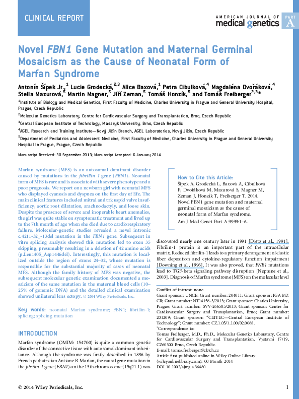 (PDF) Novel FBN1 gene mutation and maternal germinal mosaicism as the ...