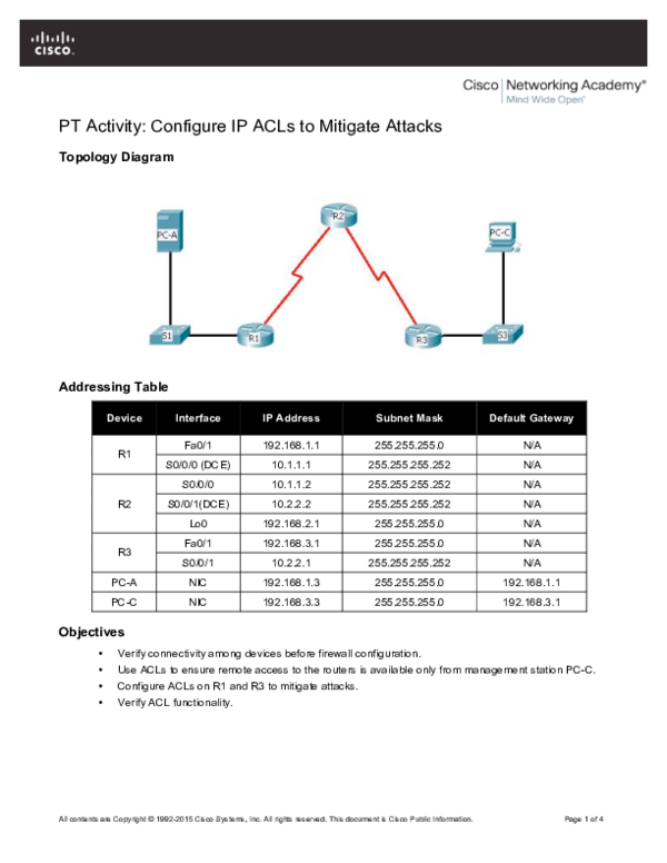 (PDF) PT Activity: Configure IP ACLs to Mitigate Attacks