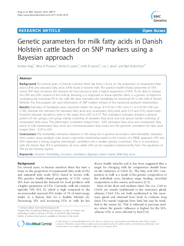 (PDF) Genetic parameters for milk fatty acids in Danish Holstein cattle based on SNP markers ...