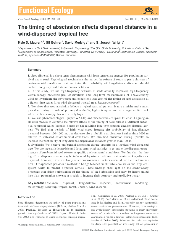 (PDF) The timing of abscission affects dispersal distance in a wind ...