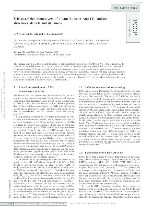 (PDF) Self-assembled monolayers of alkanethiols on Au(111): surface structures, defects and dynamics
