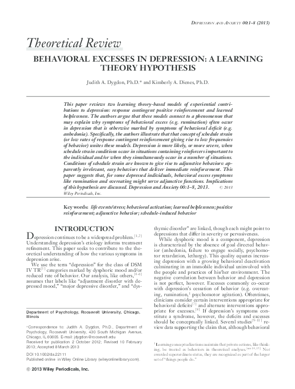 (PDF) Behavioral Excesses in Depression: A Learning Theory Hypothesis