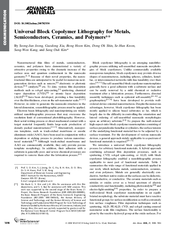 (PDF) Universal Block Copolymer Lithography for Metals, Semiconductors ...
