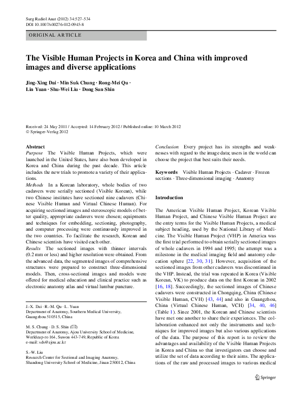 (PDF) The Visible Human Projects in Korea and China with improved ...