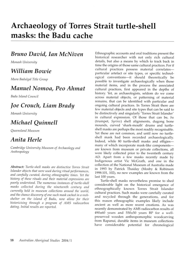 (PDF) Archaeology of Torres Strait turtle-shell masks: the Badu Cache