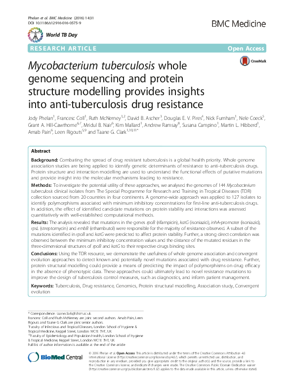 (PDF) Mycobacterium tuberculosis whole genome sequencing and protein structure modelling ...