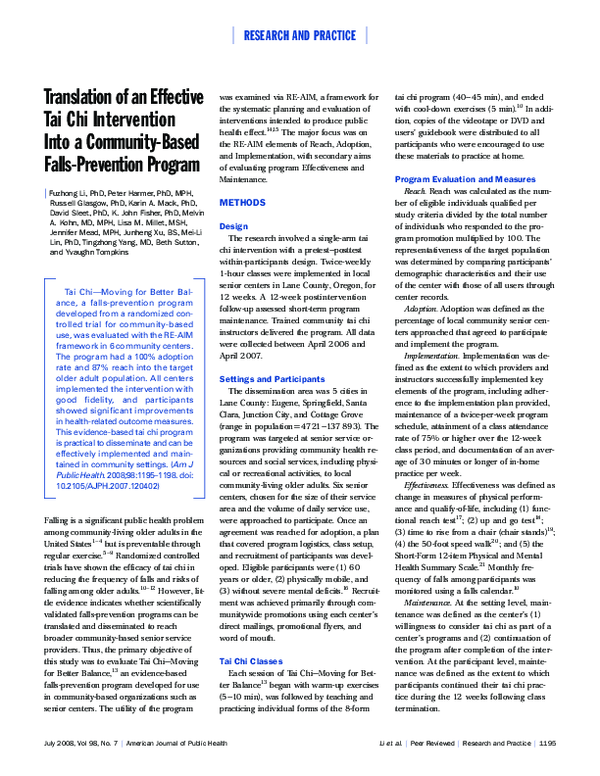 (PDF) Translation of an Effective Tai Chi Intervention Into a Community-Based Falls-Prevention ...