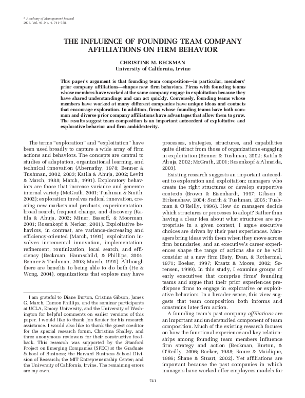 (PDF) The Influence of Founding Team Company Affiliations on Firm Behavior