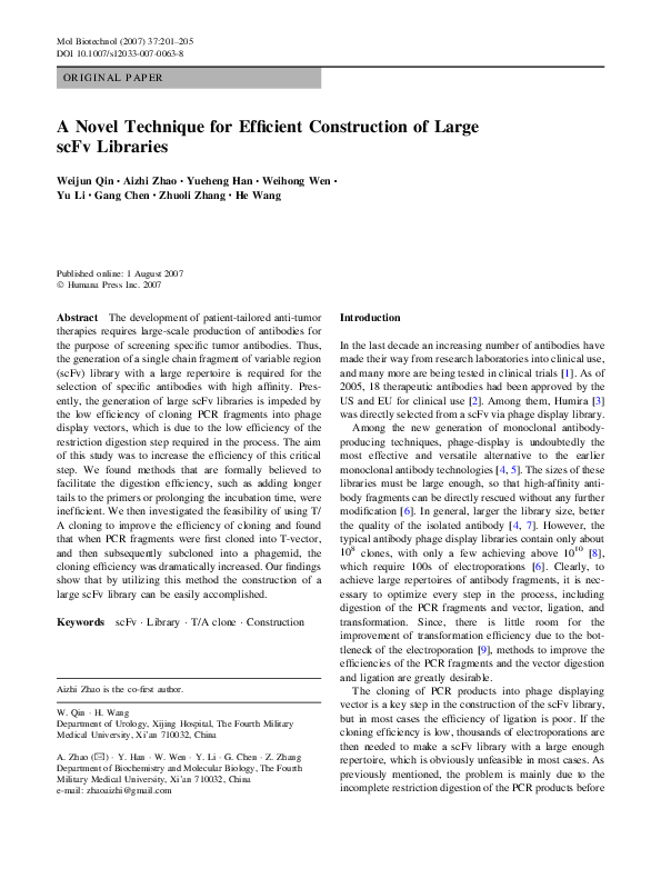 (PDF) A Novel Technique for Efficient Construction of Large scFv Libraries