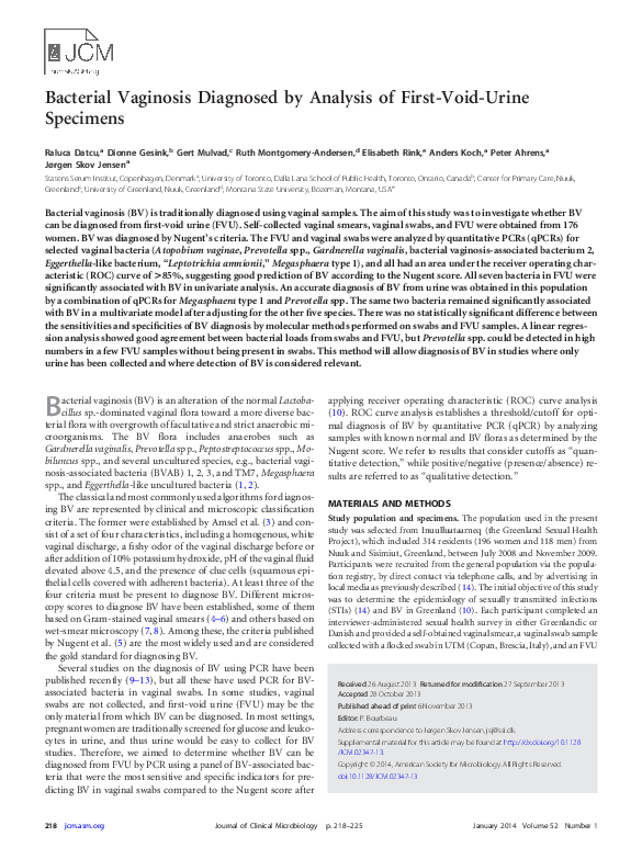 (PDF) Bacterial Vaginosis Diagnosed by Analysis of First-Void-Urine Specimens