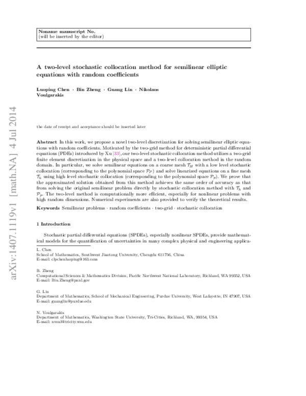 Pdf A Two Level Stochastic Collocation Method For Semilinear Elliptic Equations With Random